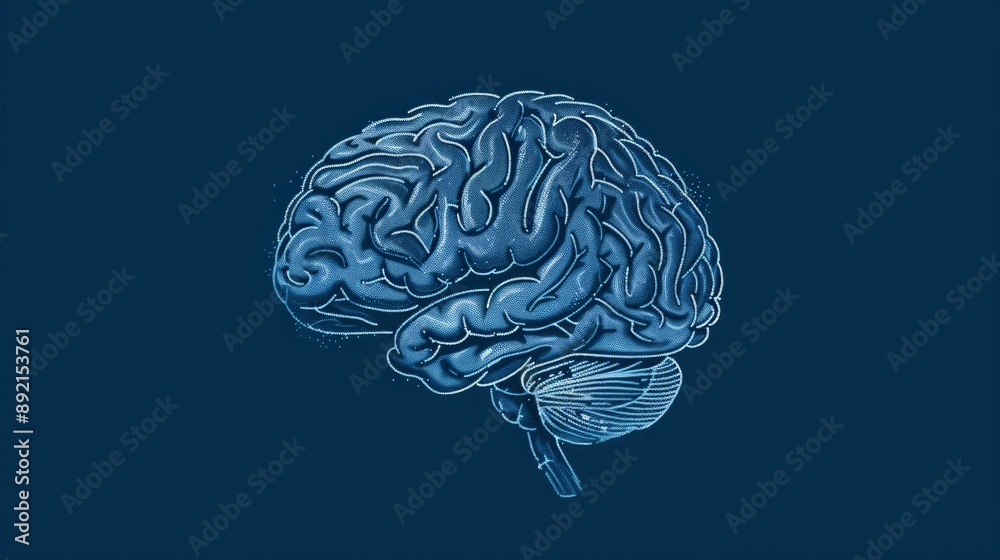 Design a detailed image of the human brain with a solid dark blue ...