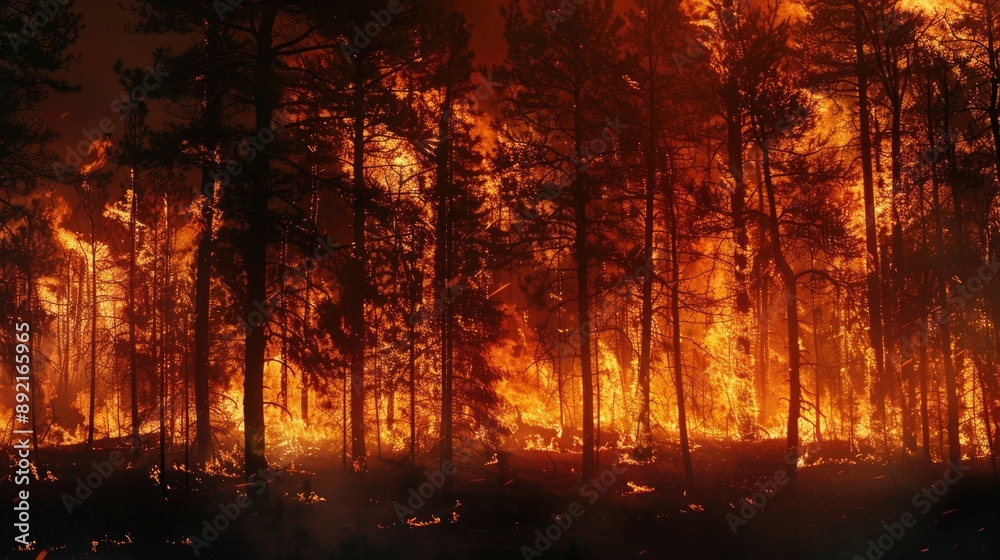 Forest fire raging through trees, showcasing the intensity and ...