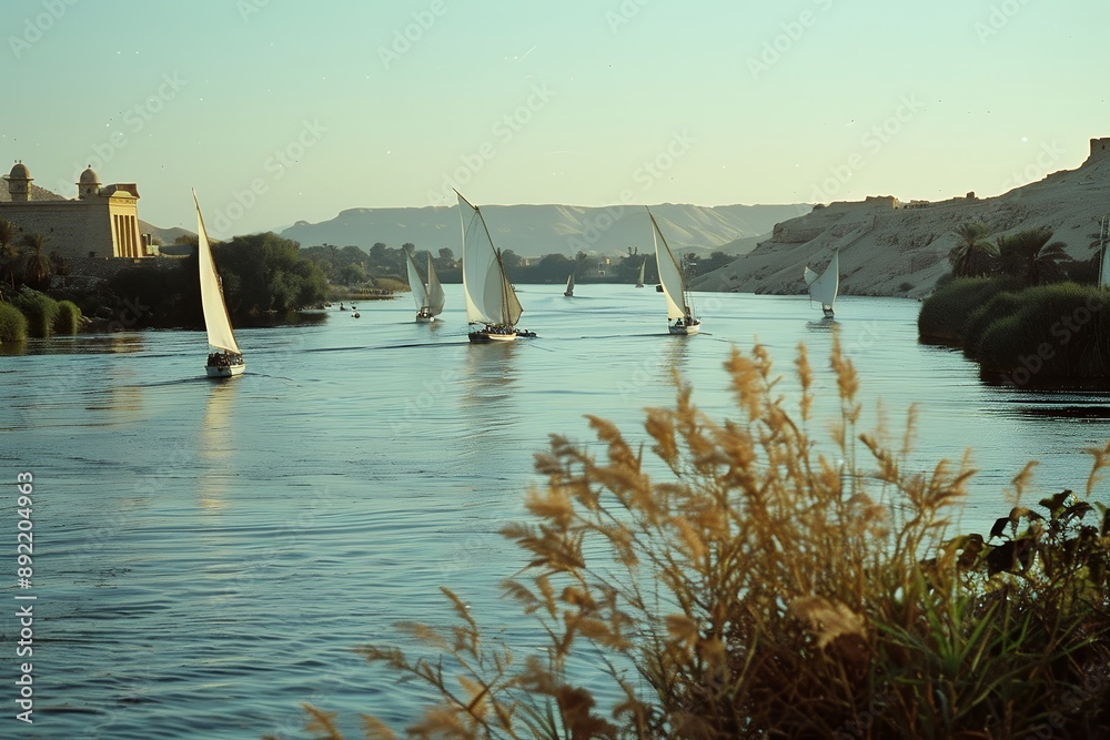 Folk art style photograph of the Nile River in Aswan, Egypt with ...