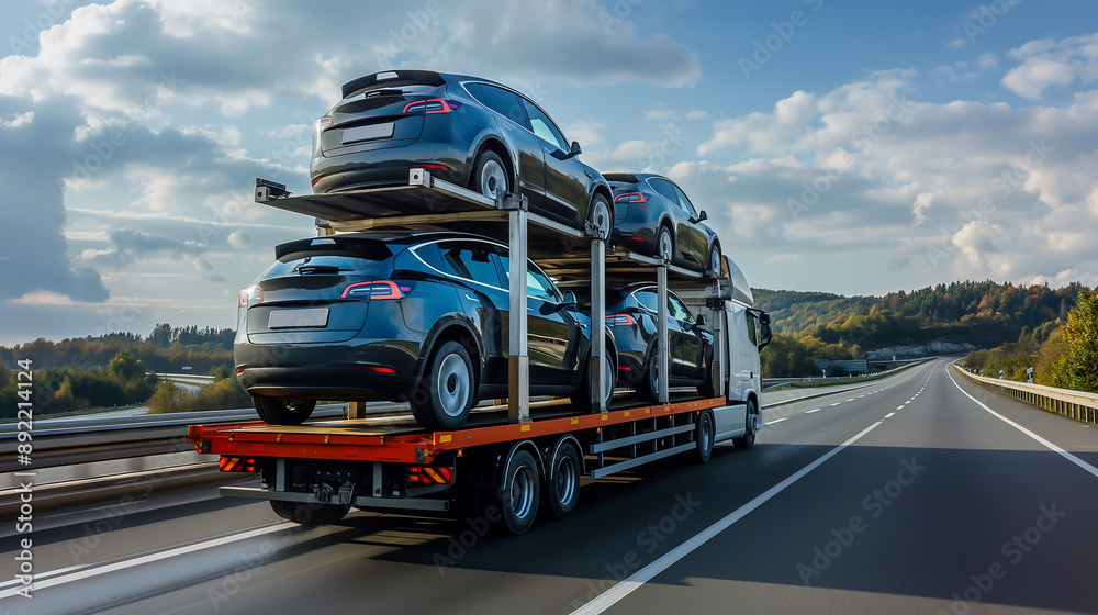 Tow truck car carrier semi trailer on highway carrying batch of new ...