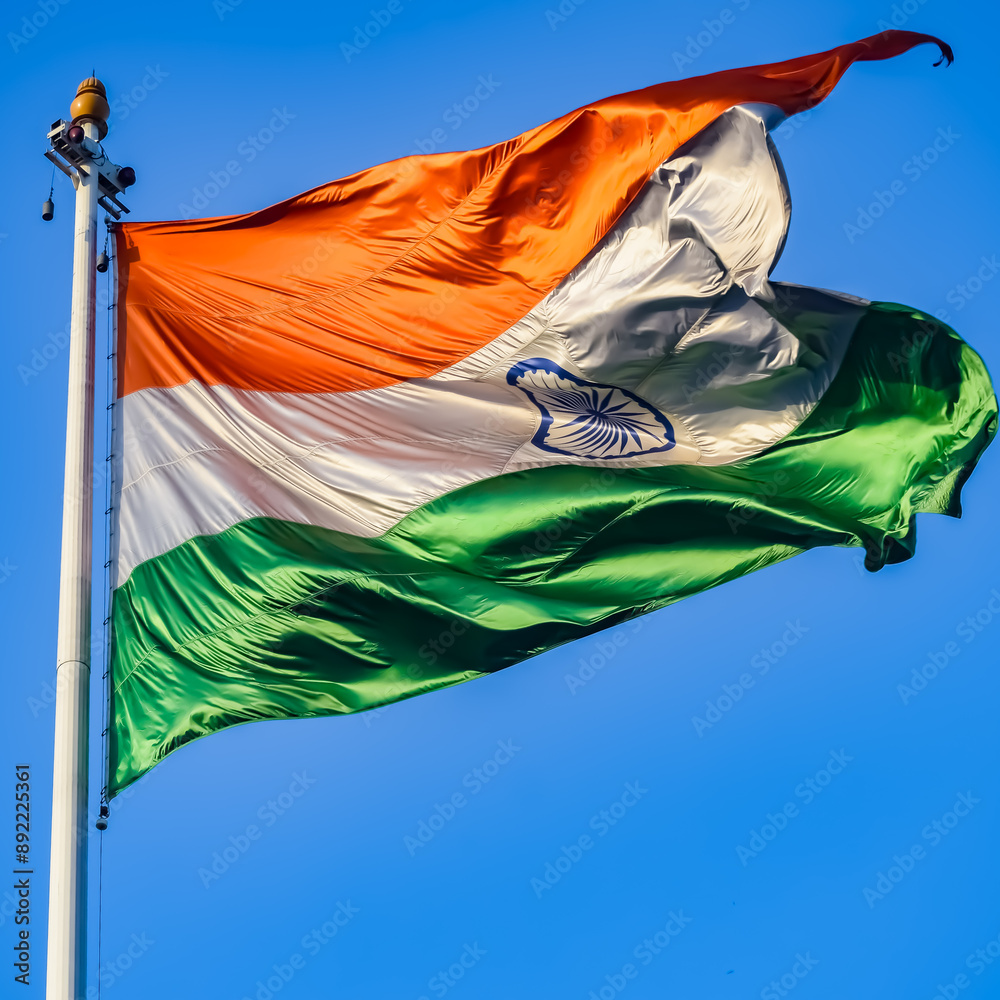 India flag flying high at Connaught Place with pride in blue sky, India ...
