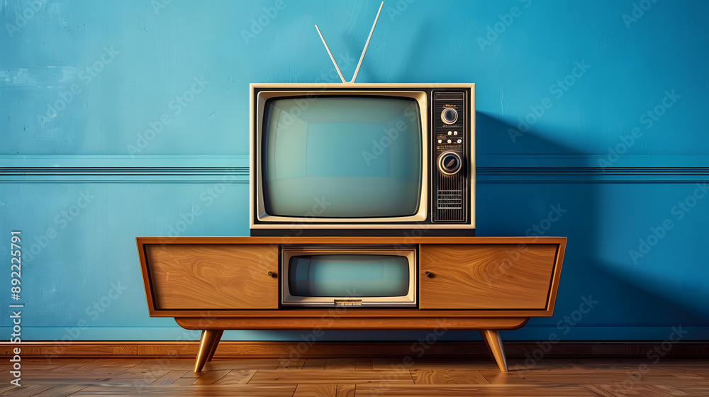 Classic vintage TV set on a mid-century modern wooden cabinet in a ...