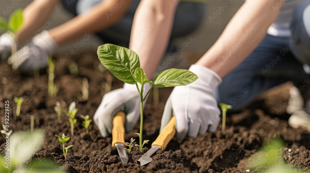 A group of volunteers planting native species in a restoration project ...