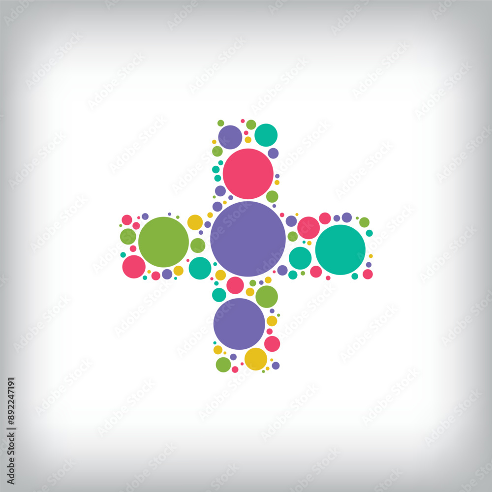 Letter plus sign made of creative colored dots or filled with circles ...