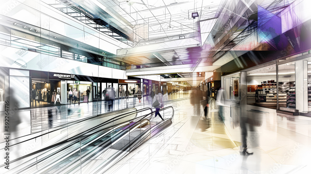 Evolution of Retail: Modern Mall from Color to Sketch. Generative AI ...