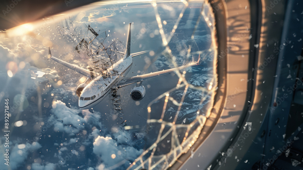 Captured mid-air through a shattered plane window, the aircraft's wings ...
