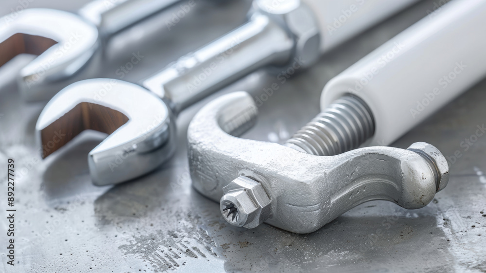 Adjustable metal wrenches with movable jaws and white PVC or CPVC pipes ...