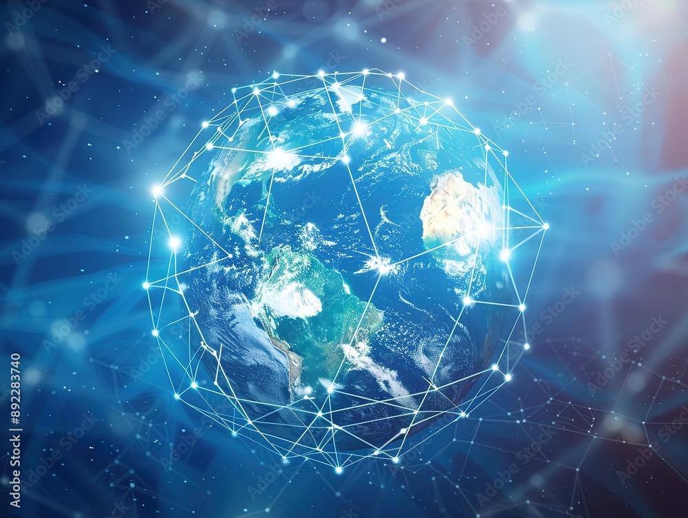 World map with global network and connectivity on a blue background ...