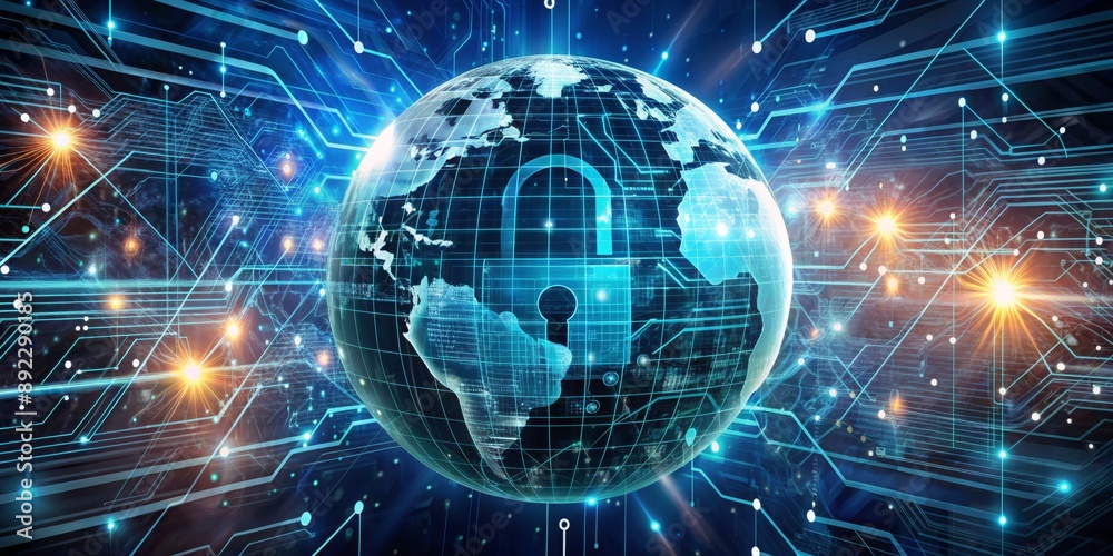 "Sleek futuristic digital globe surrounded by glowing circuits, firewall barriers, and digital ...