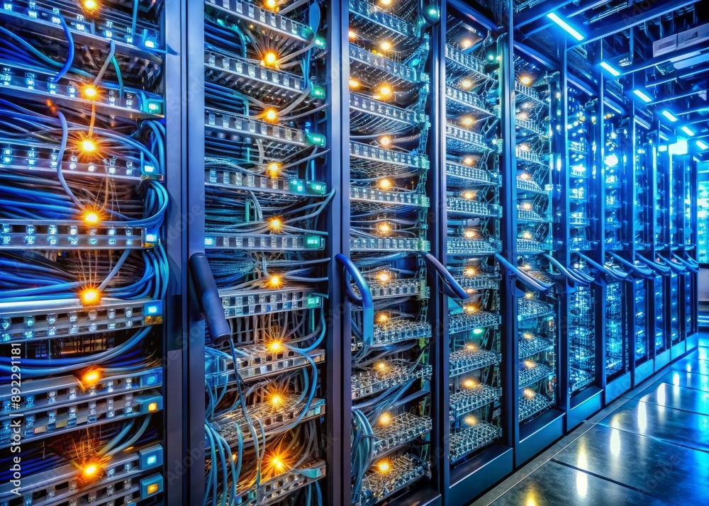 Rows of humming servers with blinking lights and cables, surrounded by futuristic network ...