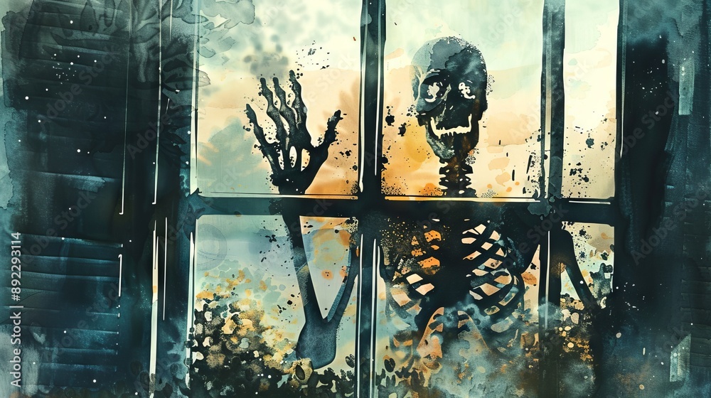 Watercolor illustration of a skeleton behind bars reaching out. Concept ...