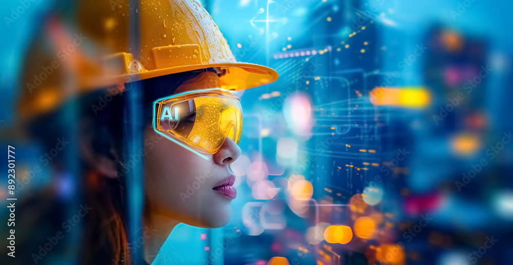 Beautiful female wearing construction hard hat and digital protective ...