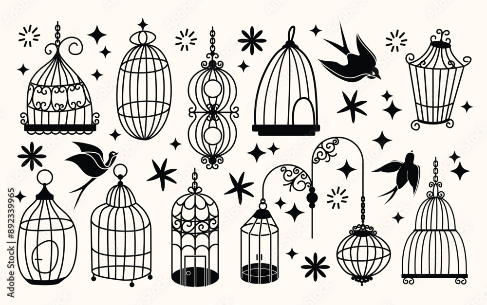 Set of different outlined cages. Line art ornamental bird cages ...