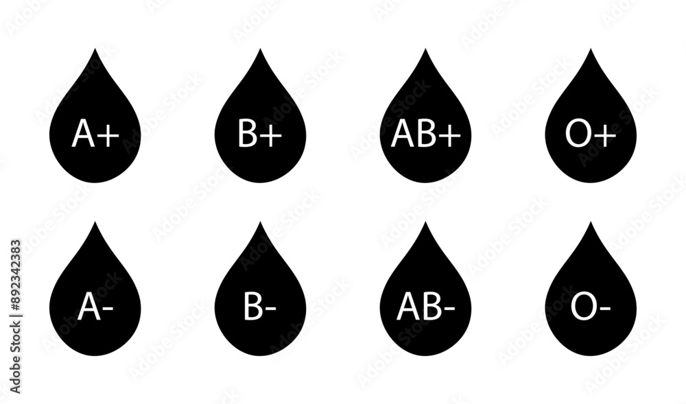 Blood group vector icon set in black color. Blood types. Drops of blood ...