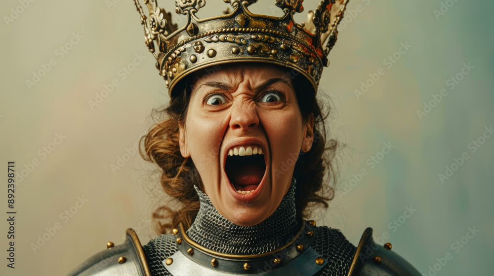 Angry woman in medieval armor and crown, expressive portrait Stock ...
