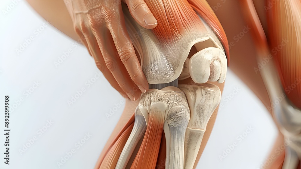 An anatomical illustration showing a close-up of a hand touching a knee ...