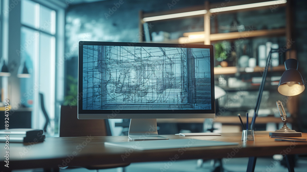 Detailed architectural blueprint sketch on a monitor display ...