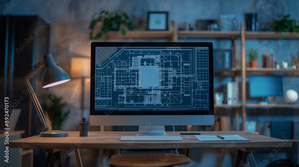 Foto de Stock Detailed architectural blueprint sketch on a monitor display, integrated into a ...