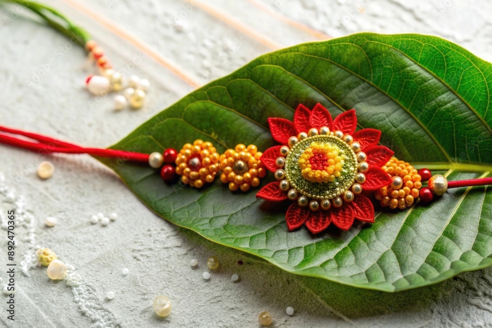 Raksha Bandhan, traditional rakhi bond on green banyan leaf. Beautiful ...