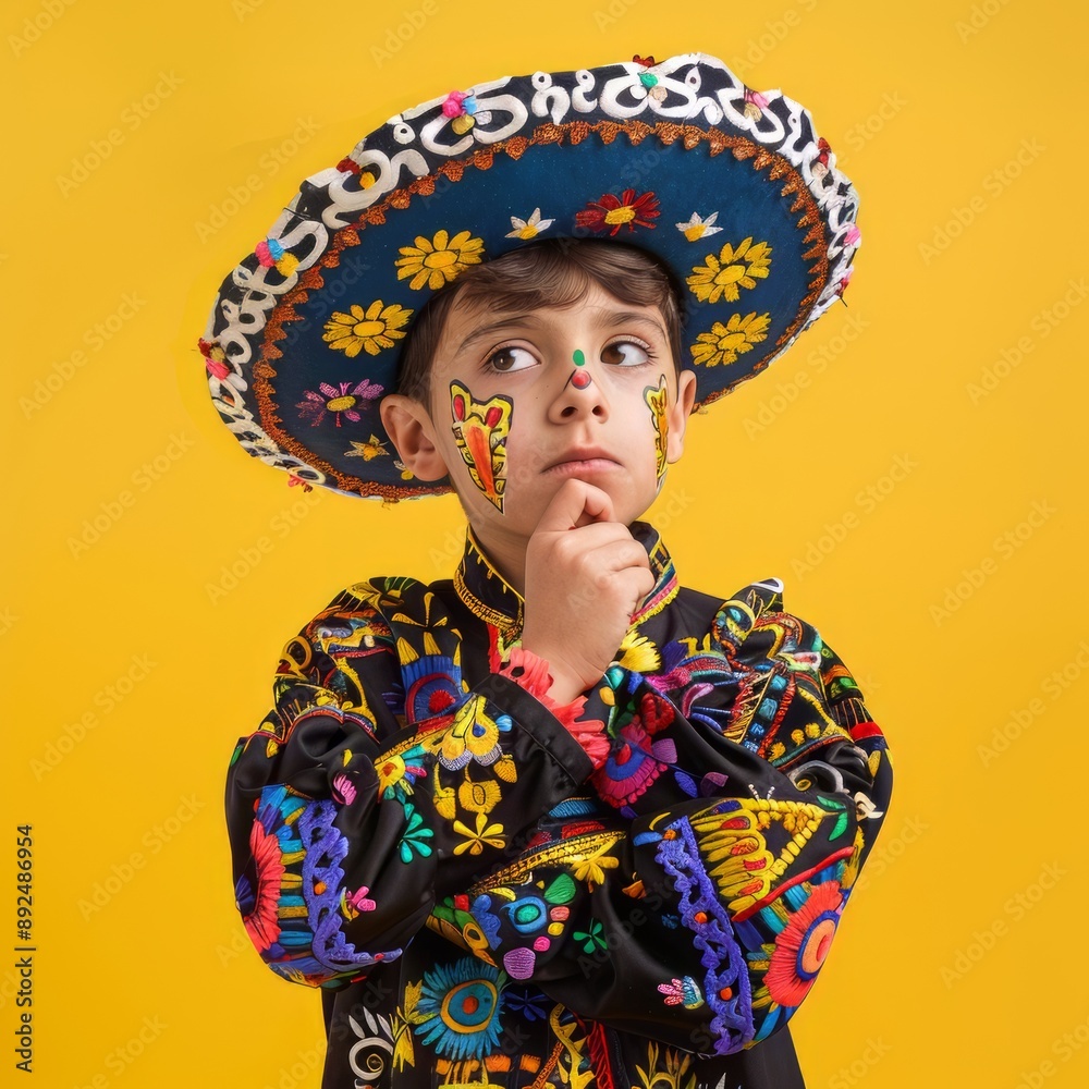 Portrait of a Mexican Boy Thinking on Yellow Bacground. Embracing ...