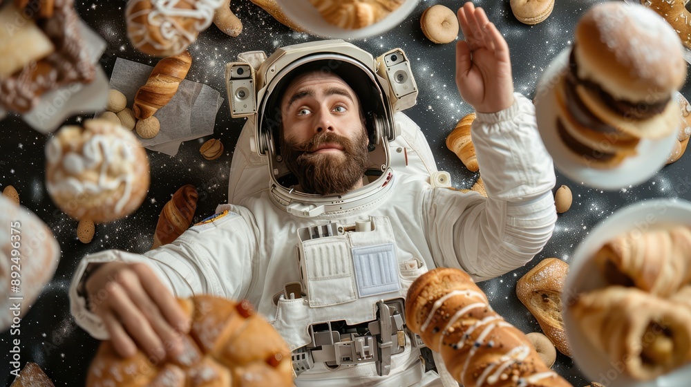 An astronaut in full gear is surrounded by various floating pastries in ...