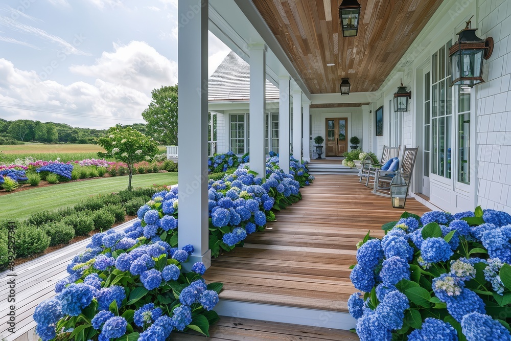 High-end photo of front porch and yard at an elegant coastal Cape Cod ...