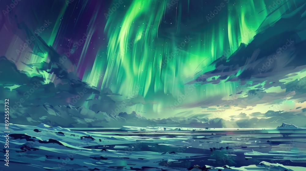 Northern lights illuminating a frozen tundra with green and purple hues ...