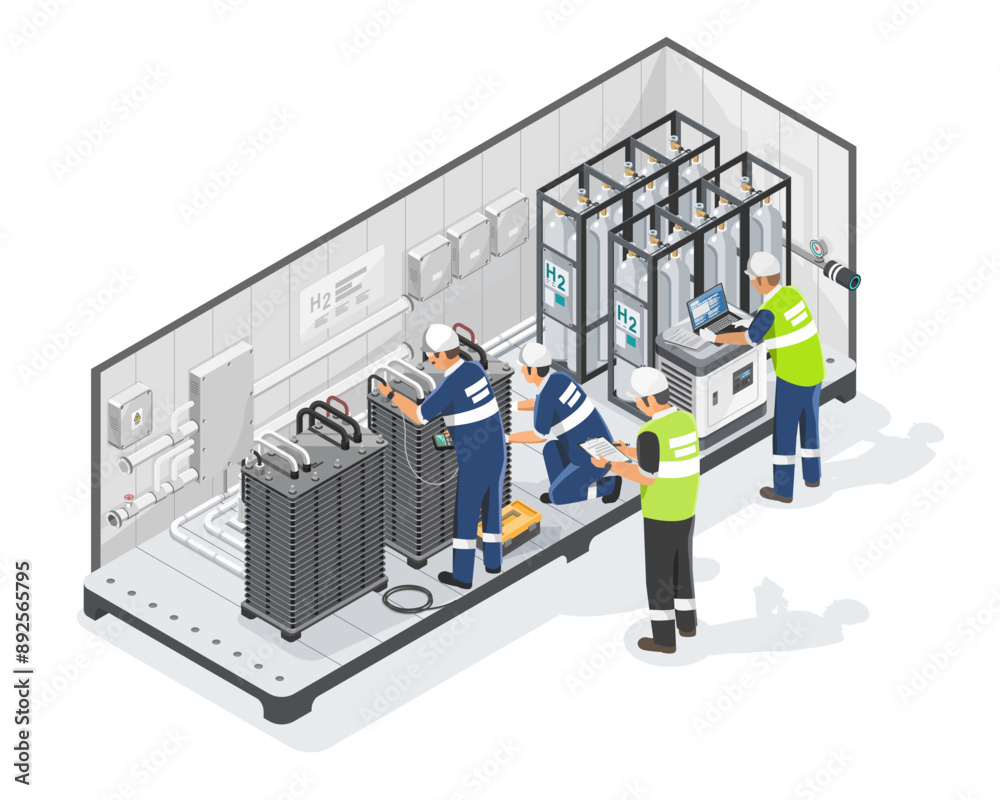 Engineer and technician maintenance service team H2 green hydrogen PEM ...