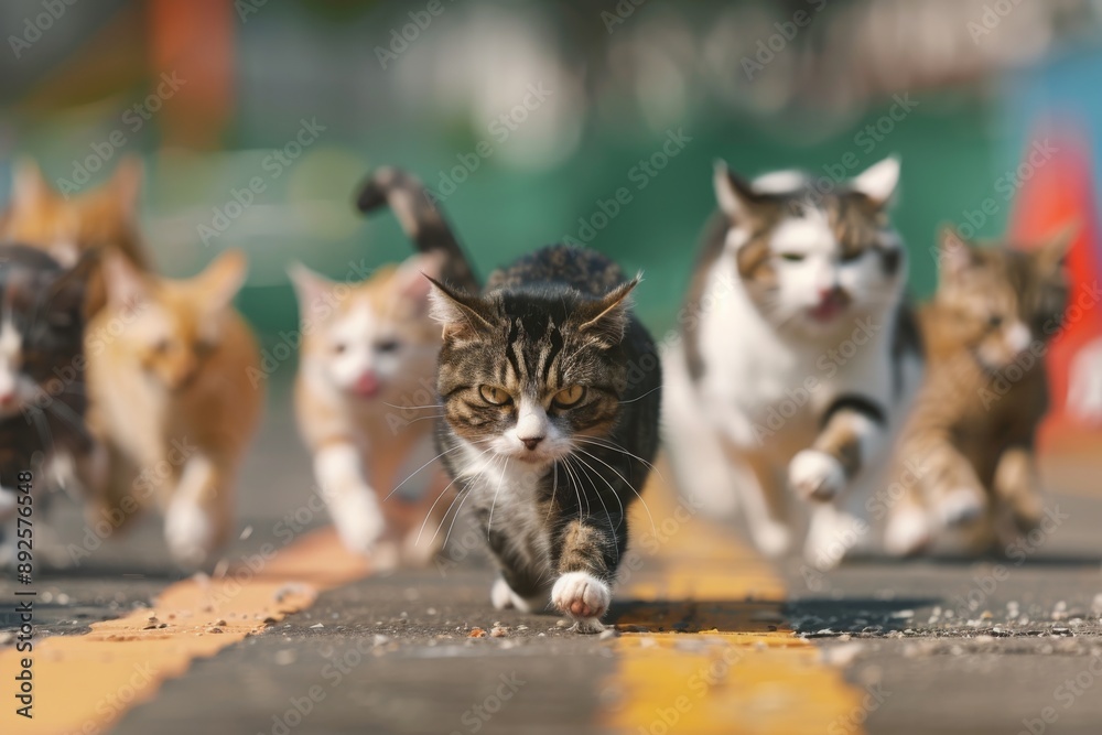 Adorable cats racing to a 'hug your cat' finish line, surrounded by ...
