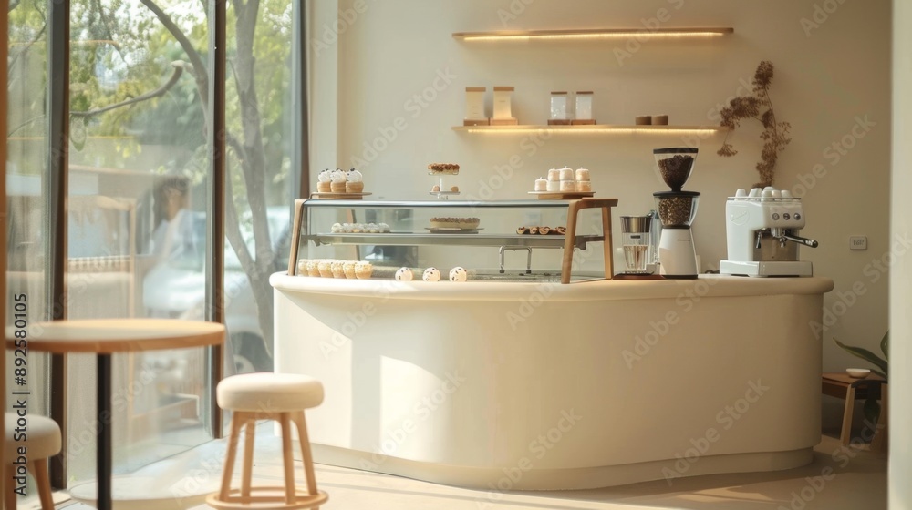 Modern Minimalist Coffee Shop Interior with a Curvy Counter and Natural ...