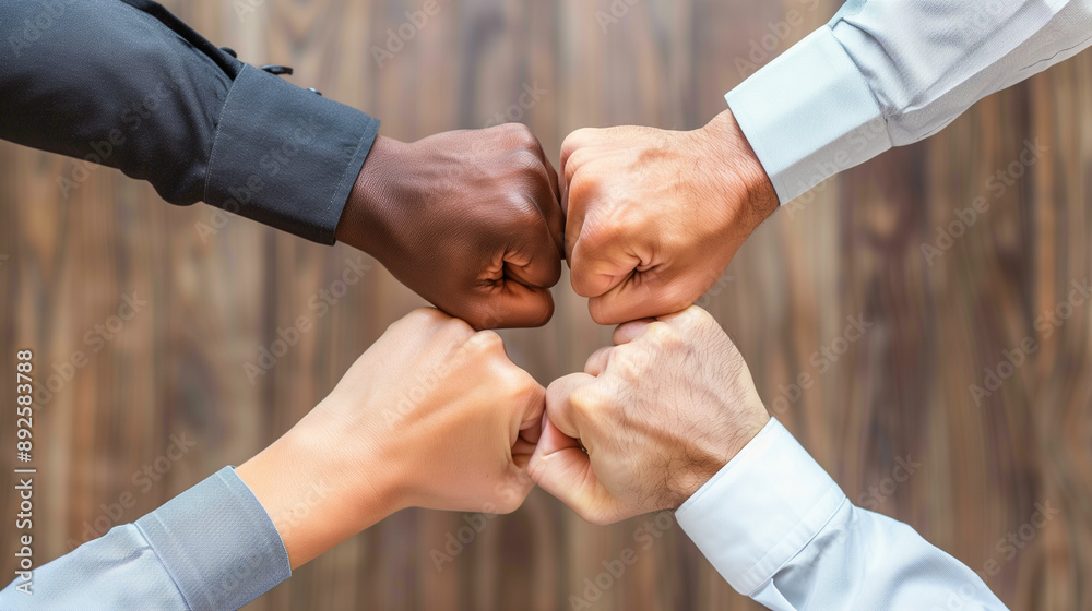 five hands in business attire doing the same fist bump, with different ...