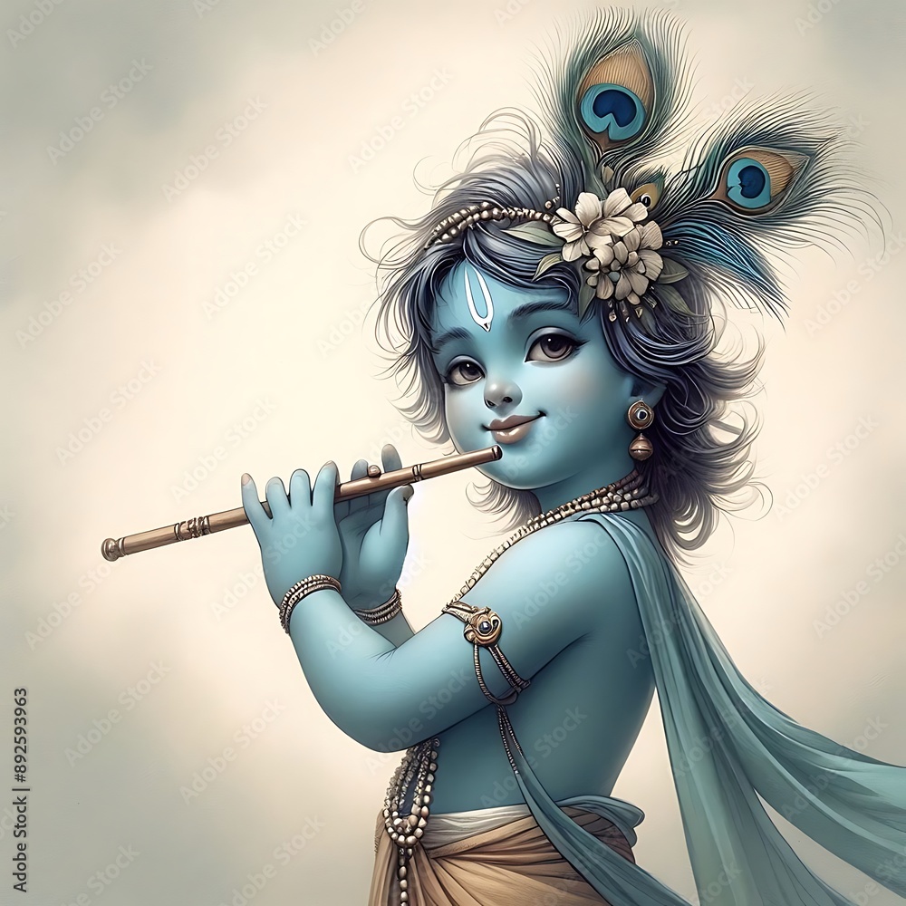 Beautiful portrait of lord krishna playing flute Stock Photo | Adobe Stock