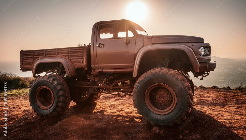 Rusty old apocalyptic monster car ridignt through desert Stock Photo ...