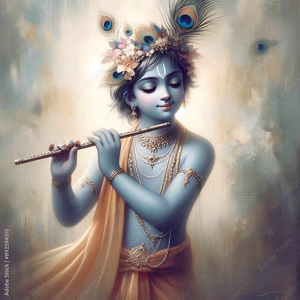 Beautiful portrait of lord krishna playing flute Stock Photo | Adobe Stock