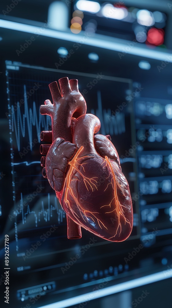 ed human heart on a futuristic display screen with a focus on medical ...
