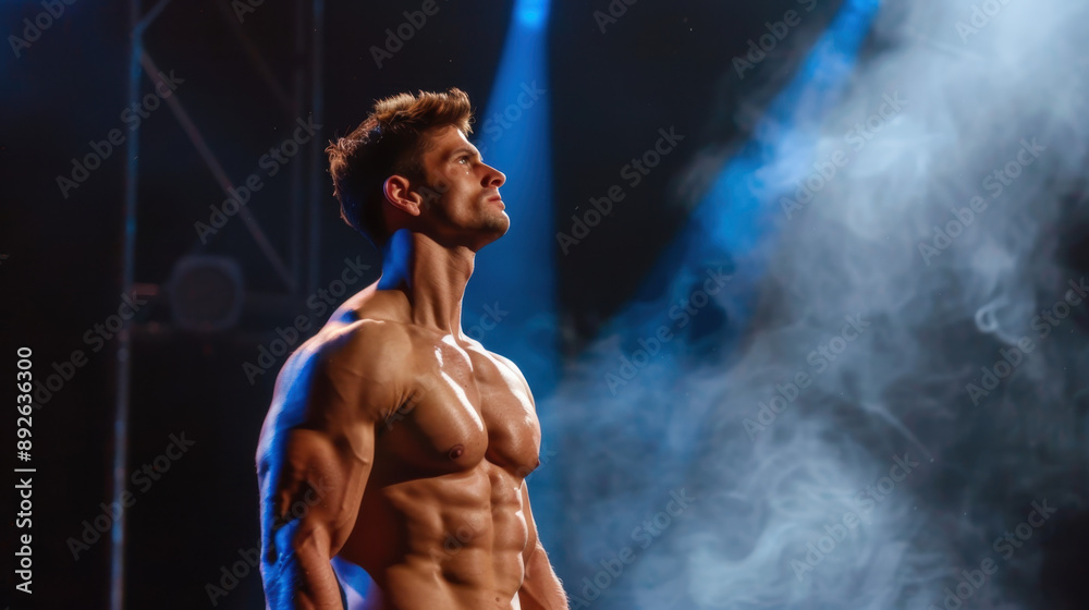 Athletic male model posing confidently under dramatic stage lighting ...