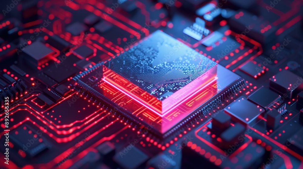 Futuristic quantum computer with glowing qubits in a high-tech laboratory, demonstrating quantum ...