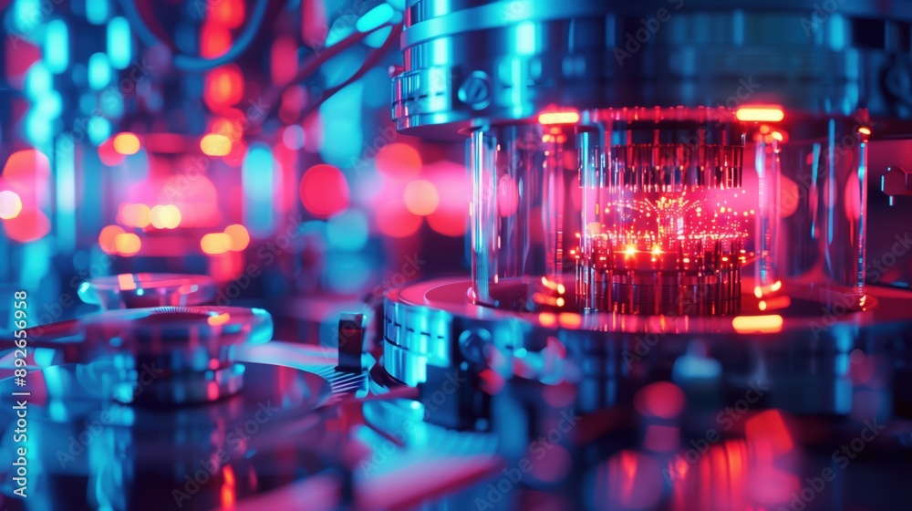 Futuristic quantum computer with glowing qubits in a high-tech laboratory, demonstrating quantum ...