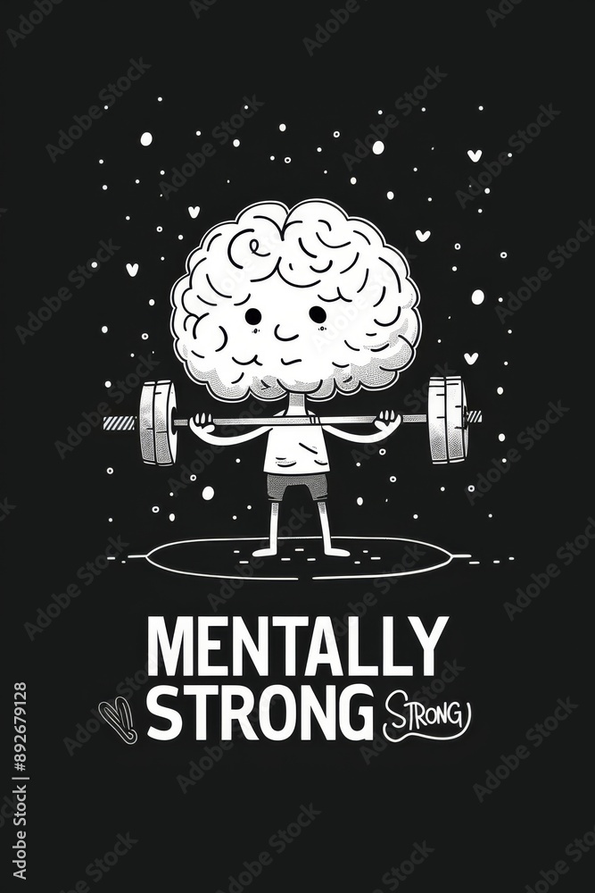 Brain lifting weights illustration with text 'Mentally Strong'. Black ...