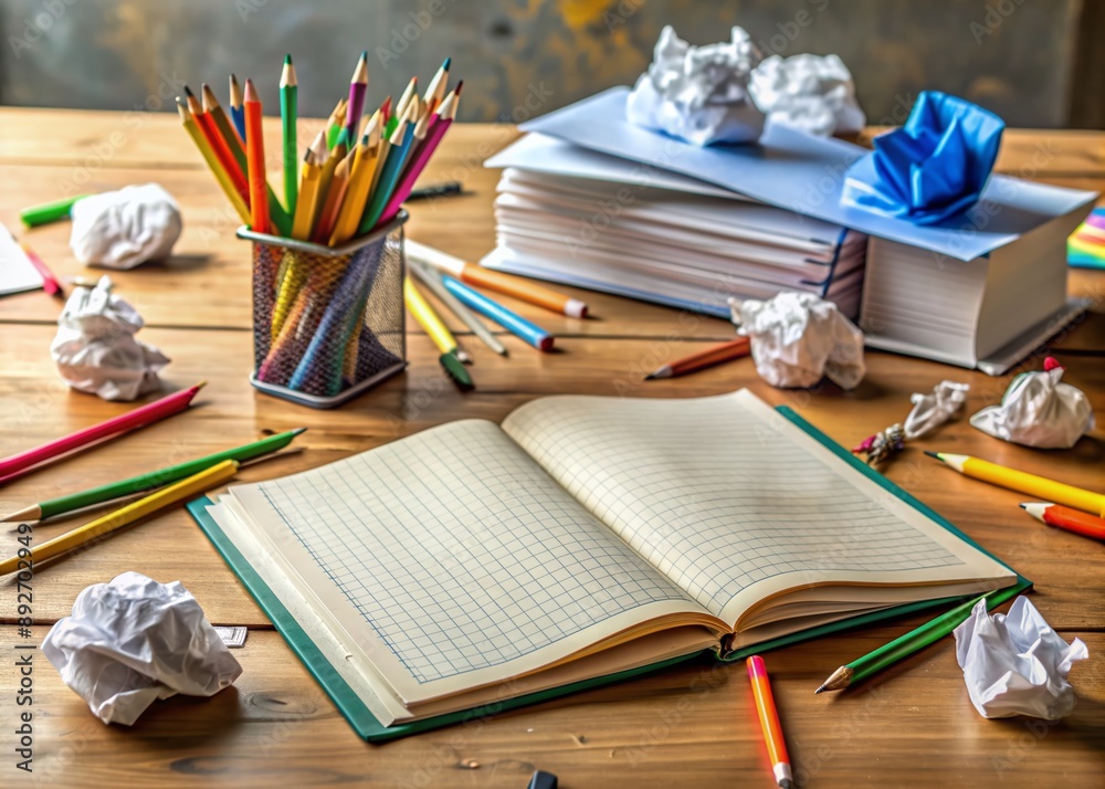 Cluttered desk with open textbook, pencils, and crumpled papers ...