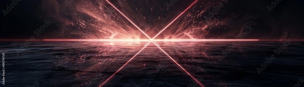 Futuristic laser beams crossing over a dark reflective surface ...