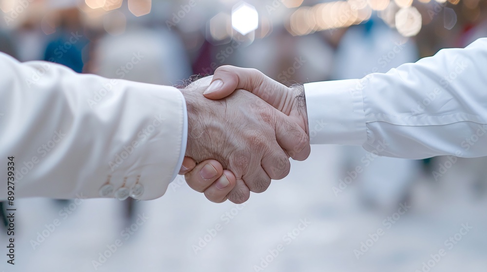 Professional man shaking hands, front view, soft-focus bustling street ...