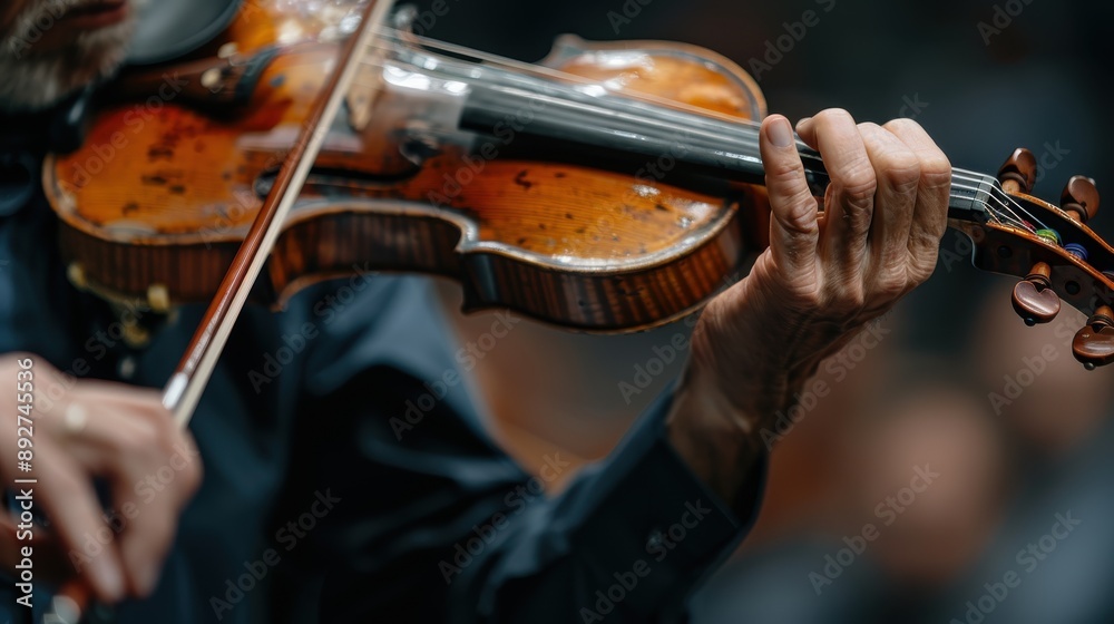 This image captures a close view of a violinist performing on stage ...