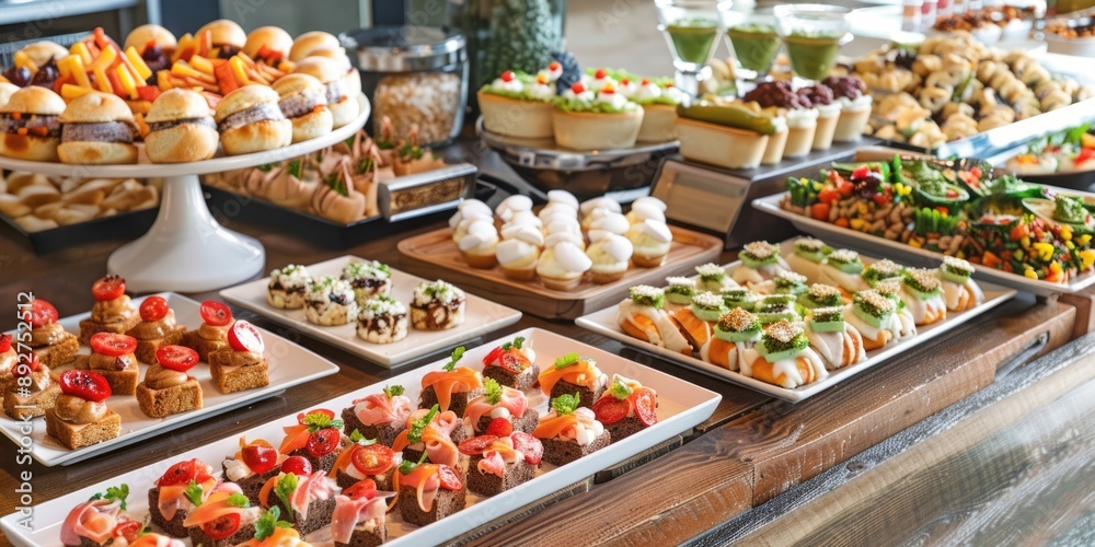 office corporate canteen, assortment of dishes and snacks, buffet for a ...