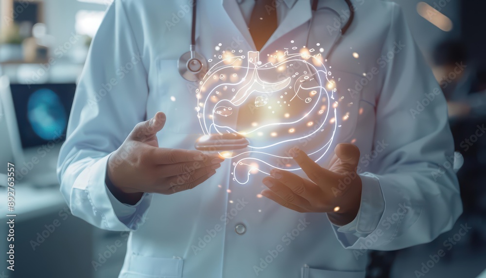 Closeup half body of a gastroenterologist explaining the human ...