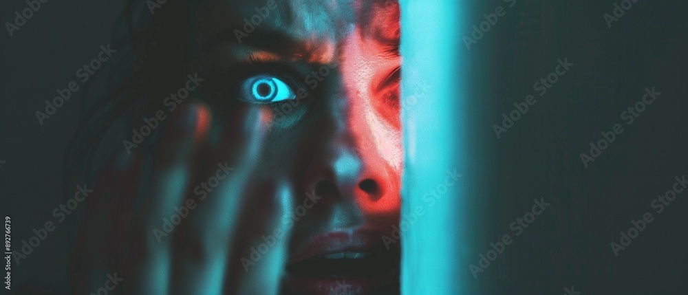A person opening a creaky door in an old, haunted house, eerie glow ...
