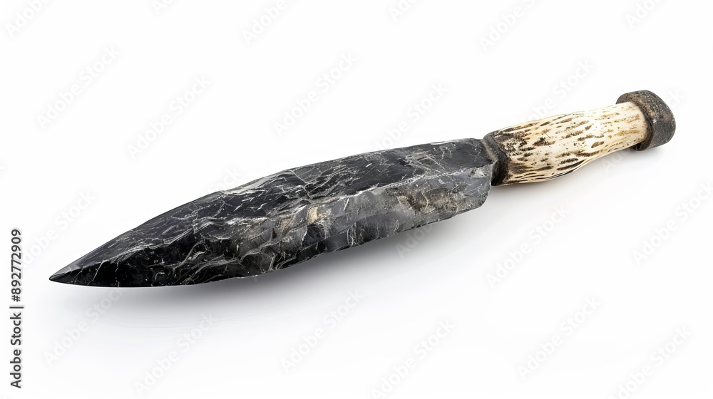 Obsidian knife with a bone handle isolated against a white background ...