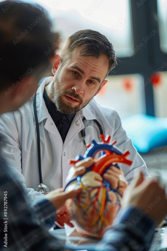 Doctor Explaining Coronary Angiography Process With Anatomical Heart ...