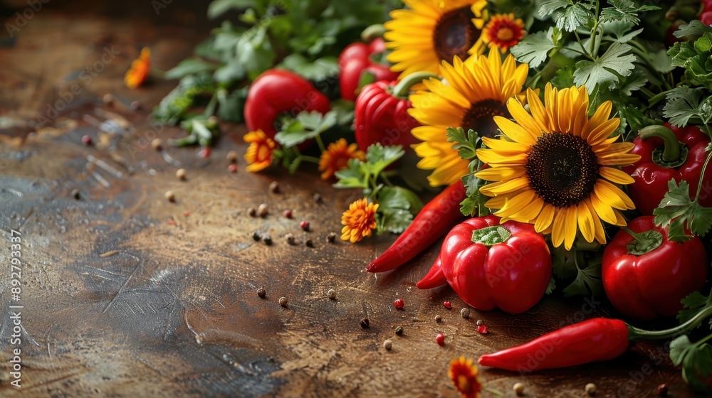 Beautiful chili pepper and sunflower overhead flatlay counter scene in ...