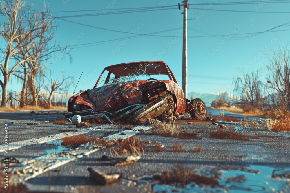 Realistic Car Crash Scene on Desert Highway - Crumpled Sedan with ...